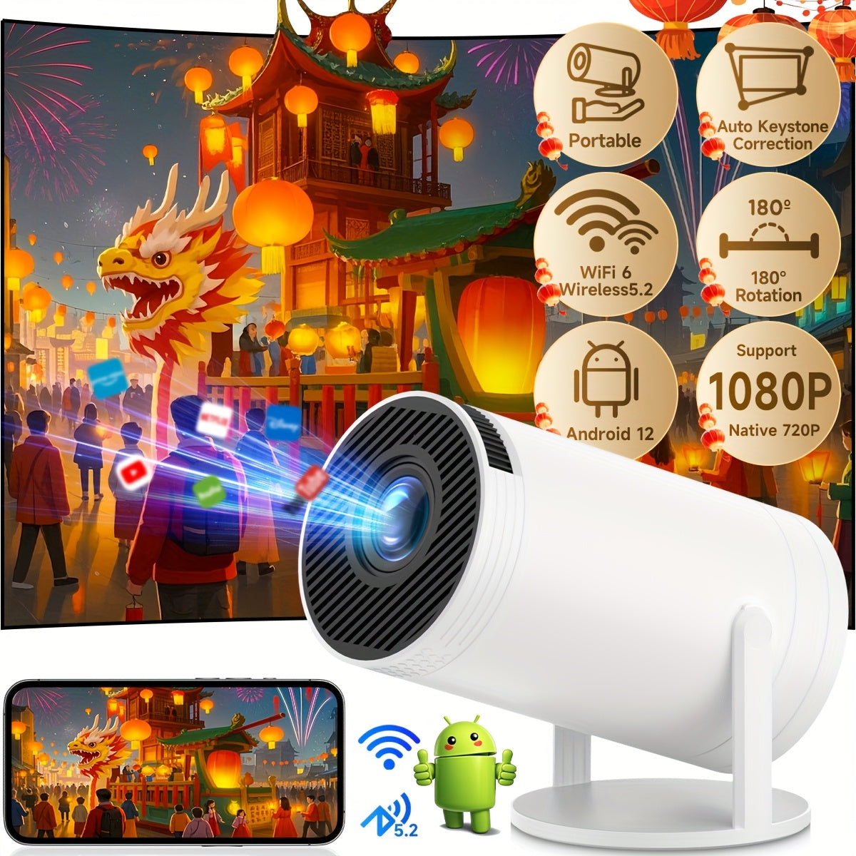 SCUARI Mini Smart Projector met WiFi6 & BT 5.2, Ingebouwd Android OS ...